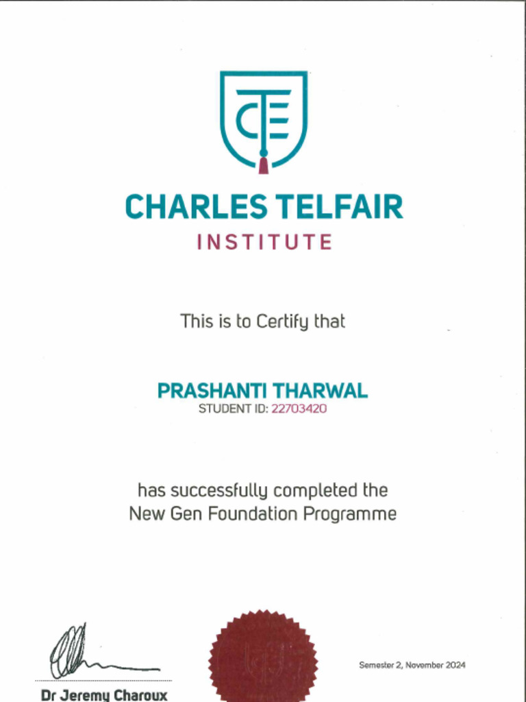 Foundation Certificate Scanned Copy - Tharwal Prashanti | PDF