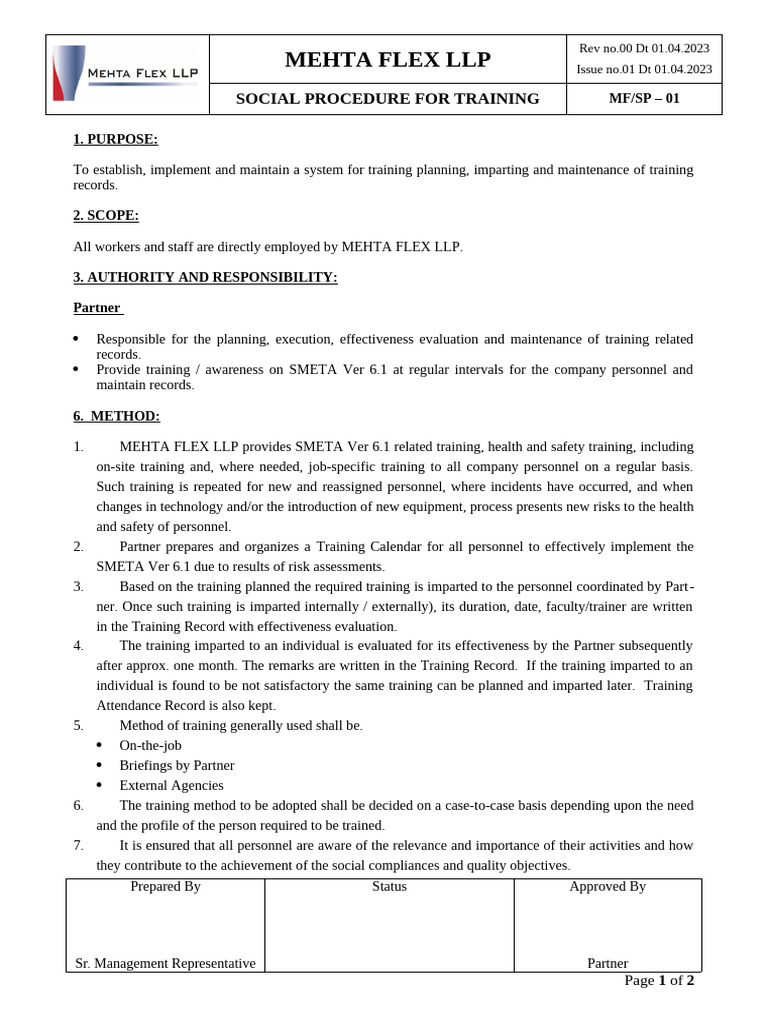 SP 01 Procedure For Training | PDF | Business