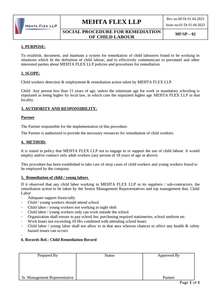 SP 02 Procedure For Remediation of Child Labour | PDF | Child Labour ...
