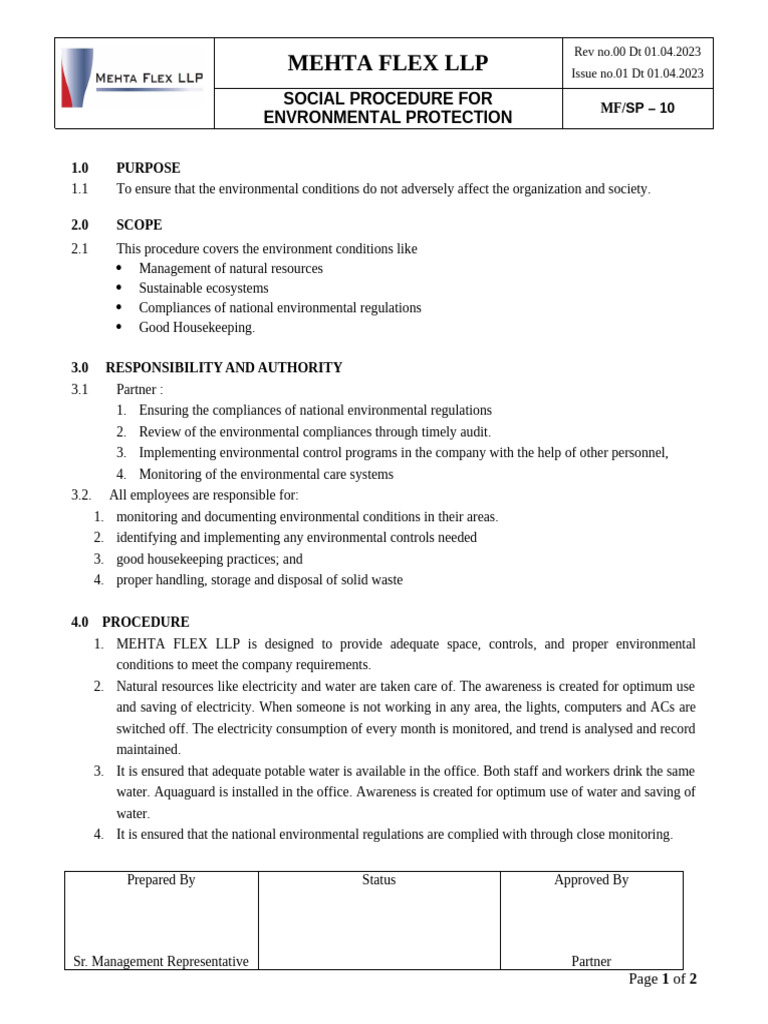 SP 10 Procedure for Environmental Protection | PDF | Housekeeping ...