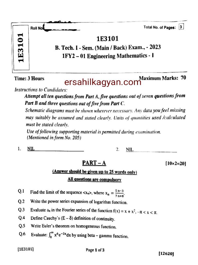 Btech 1 Sem Engineering Mathematics 1 1e3101 2023 | PDF