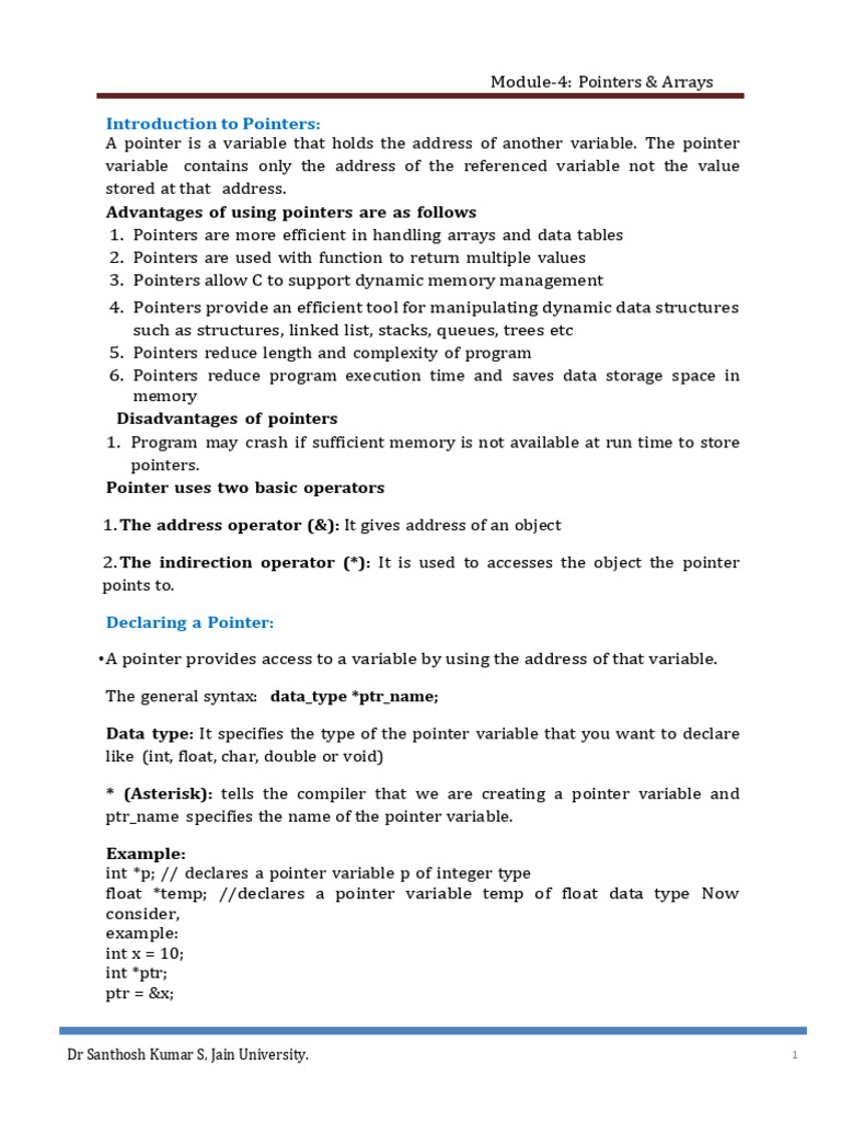 Fcs Module 4 Notes Pointers Pdf Pointer Computer Programming Integer Computer Science