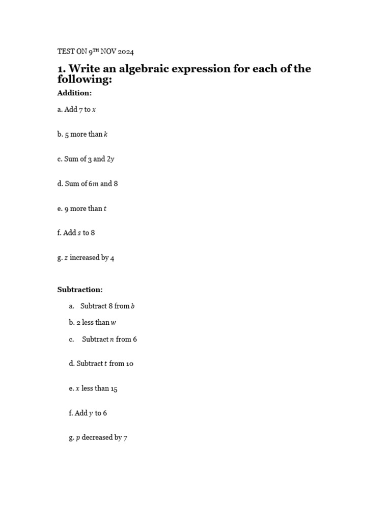 Algebraic Expressions Test Guide | PDF