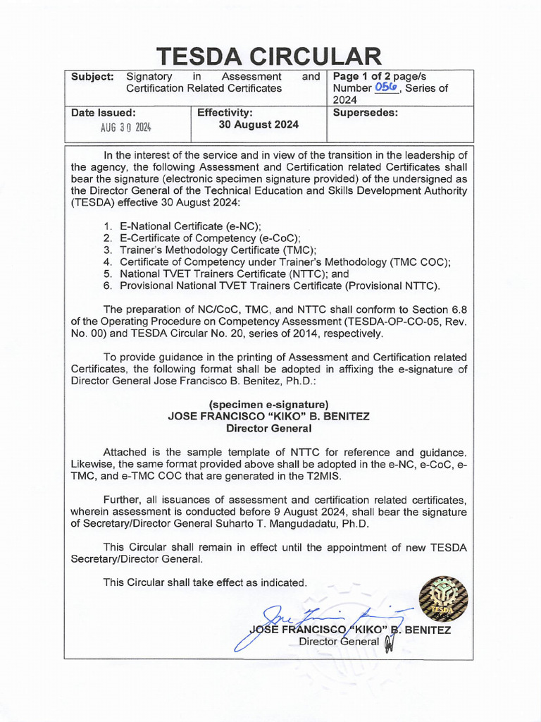 TESDA Circular No. 056 | PDF | Signature | Authentication