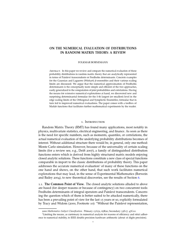 On The Numerical Evaluation of Distributions in Random Matrix Theory: A Review | PDF | Numerical ...