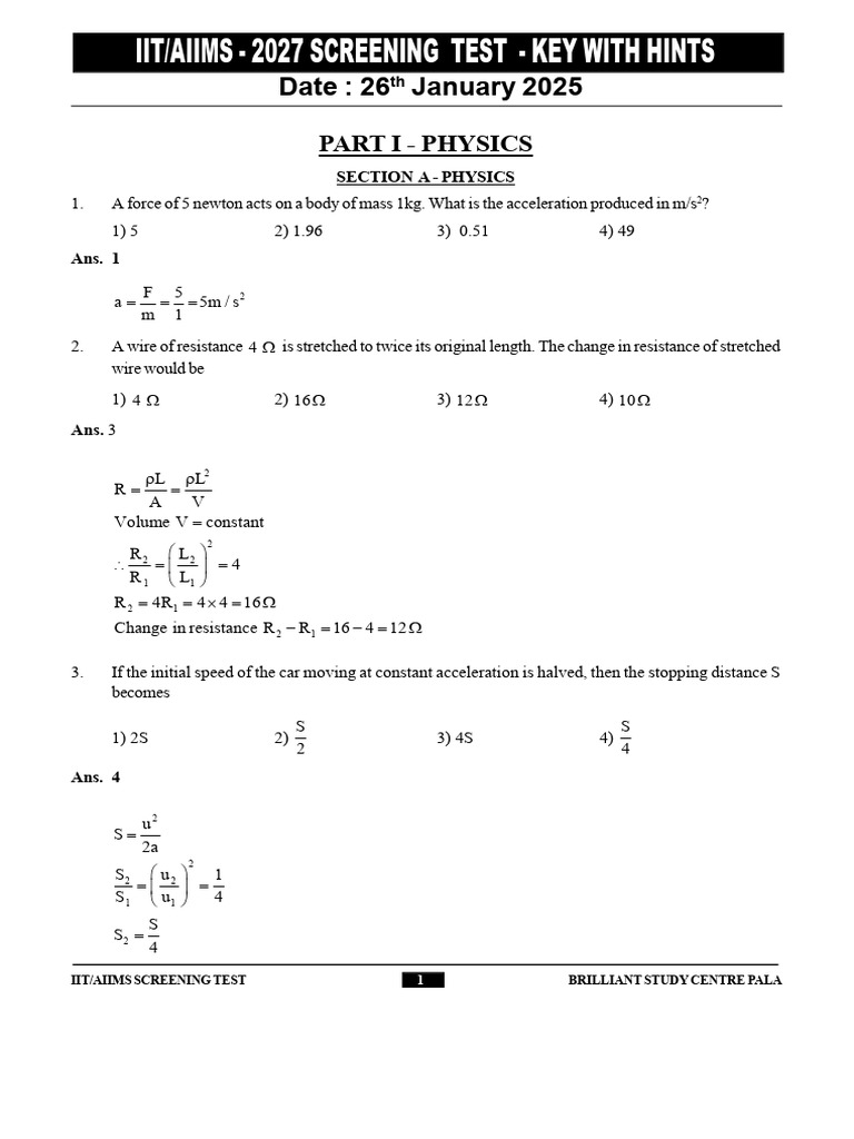 IIT AIIMS Screening Test Provisinal Answer Key PCM Jan 26 | PDF ...