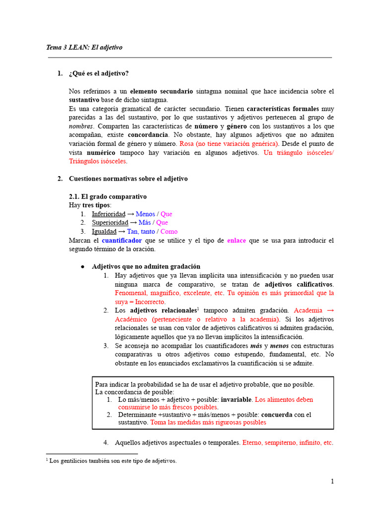 Tema 3 LEAN - El Adjetivo | PDF | Adjetivo | Lingüística