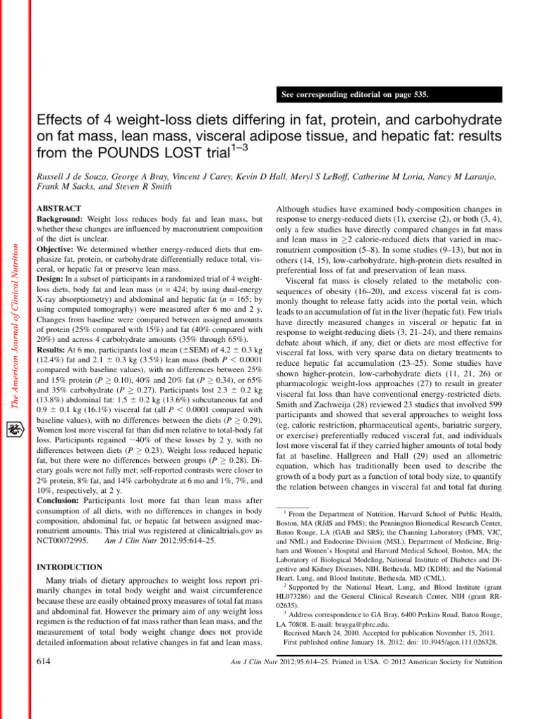Effects of 4 weight-loss diets differing in fat, protein, and carbohydrate on fat mass, lean ...