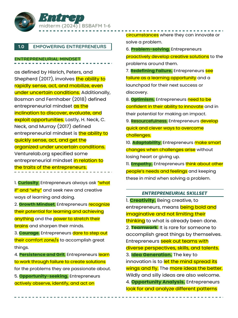 ENTREP Rev Midterms (2024) | PDF | Entrepreneurship | Creativity