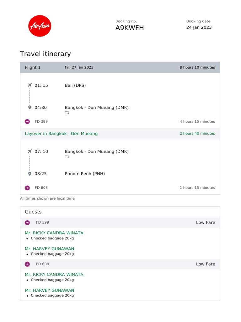 (2 Pax DPSPNH 27jan23) Airasia Itinerary A9kwfh | PDF | Pandemic