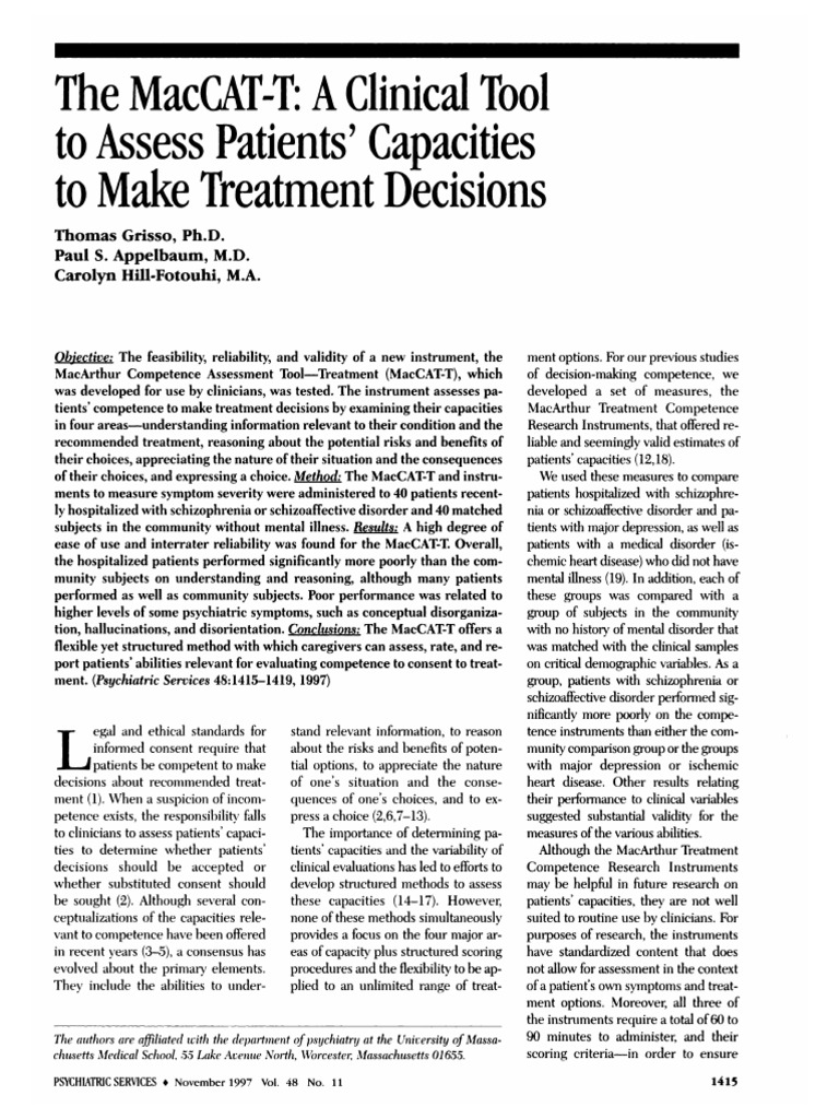 MacCAT-T: Assessing Treatment Decision Competence | PDF | Mental ...