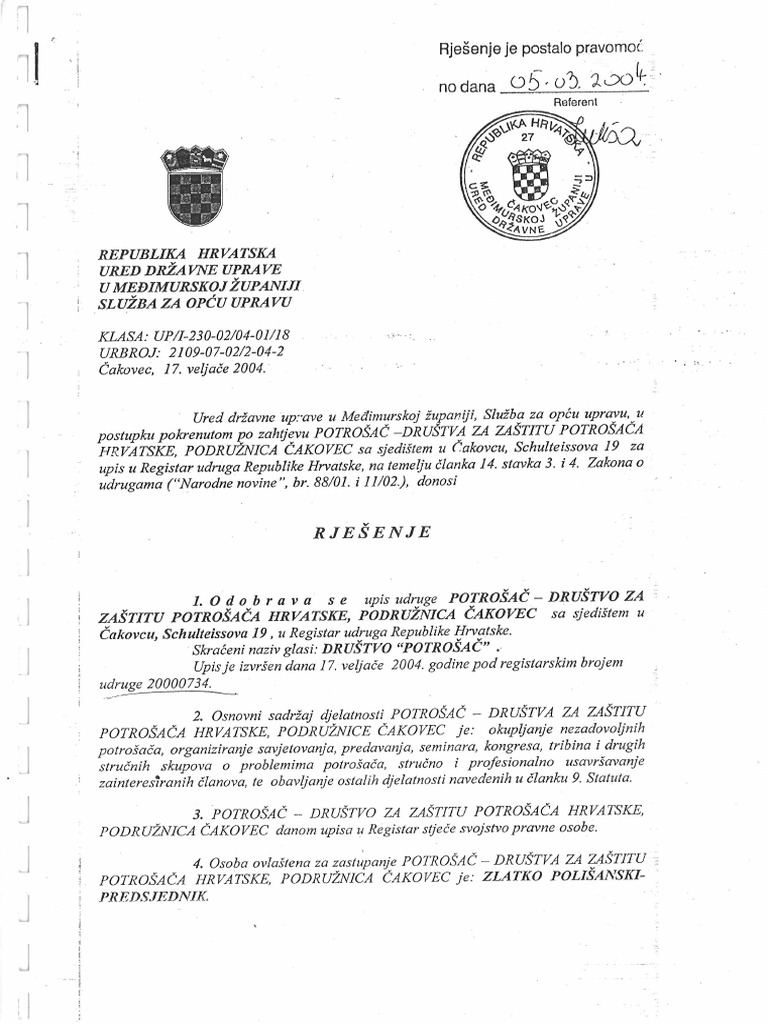 Upis U Registar Udruga Republike Hrvatske | PDF