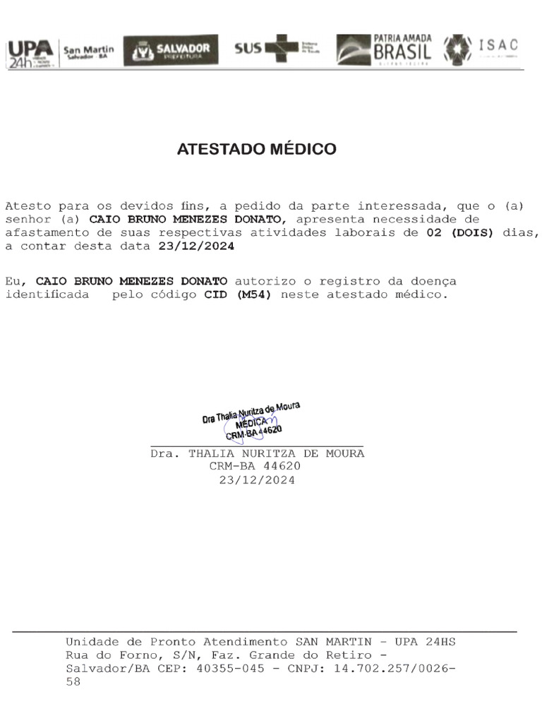 Atestado Caio 2 Diais Dor Na Coluna Cid m54 | PDF