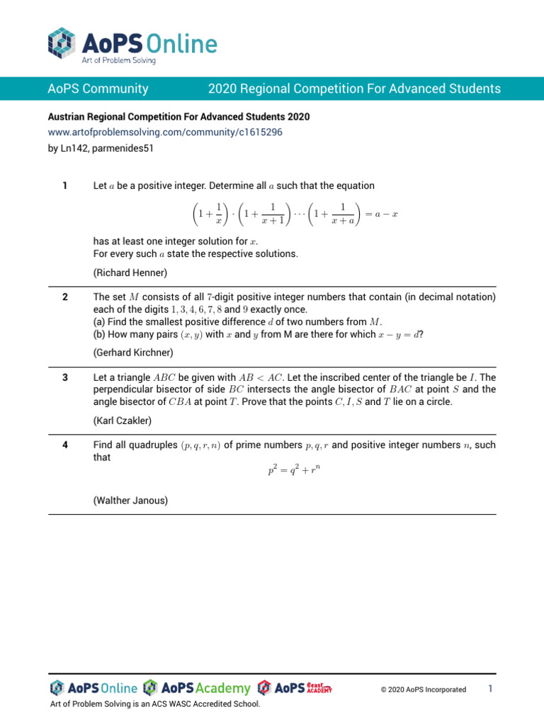 2020 AoPS Advanced Competition Problems | PDF