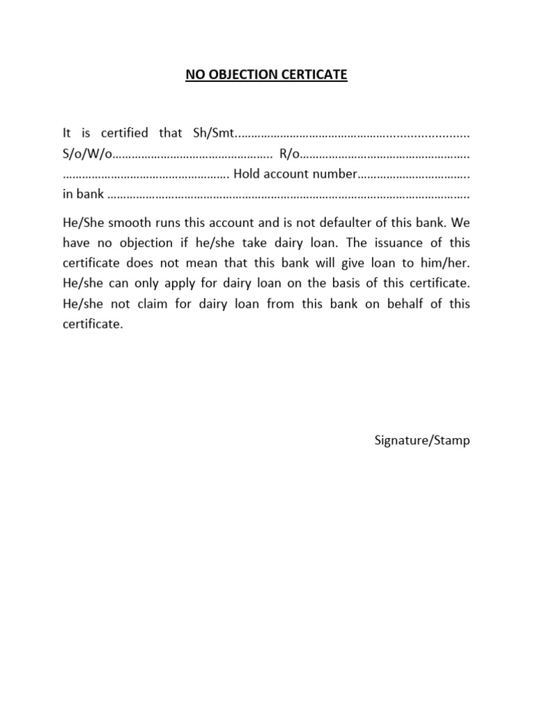 No Objection Certificate for Dairy Loan | PDF