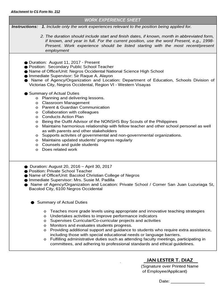 Work Experience Sheet CS Form No. 212 Attachment | PDF | Teachers