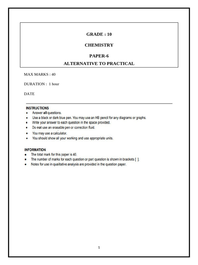Grade 10 –Chemistry -Paper 6 – Question Paper | PDF