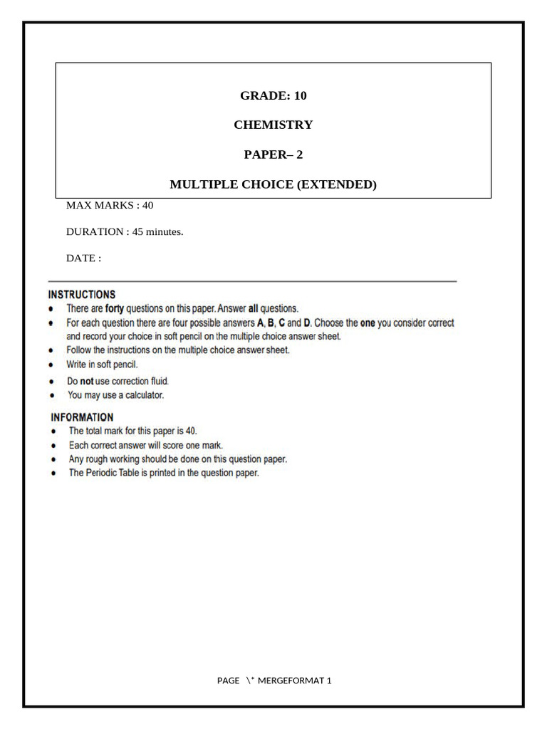 GRADE 10 - Chemistry - Paper 2-Qp | PDF