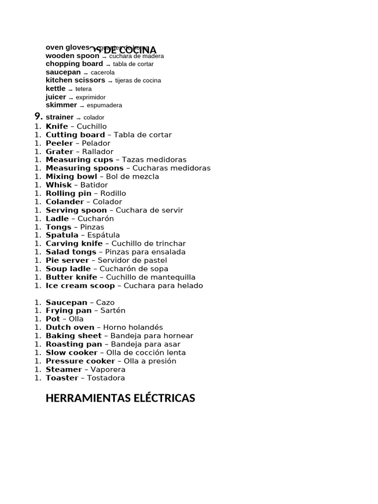 Utensilios y Verbos de Cocina Esenciales | PDF | Aparatos de ...