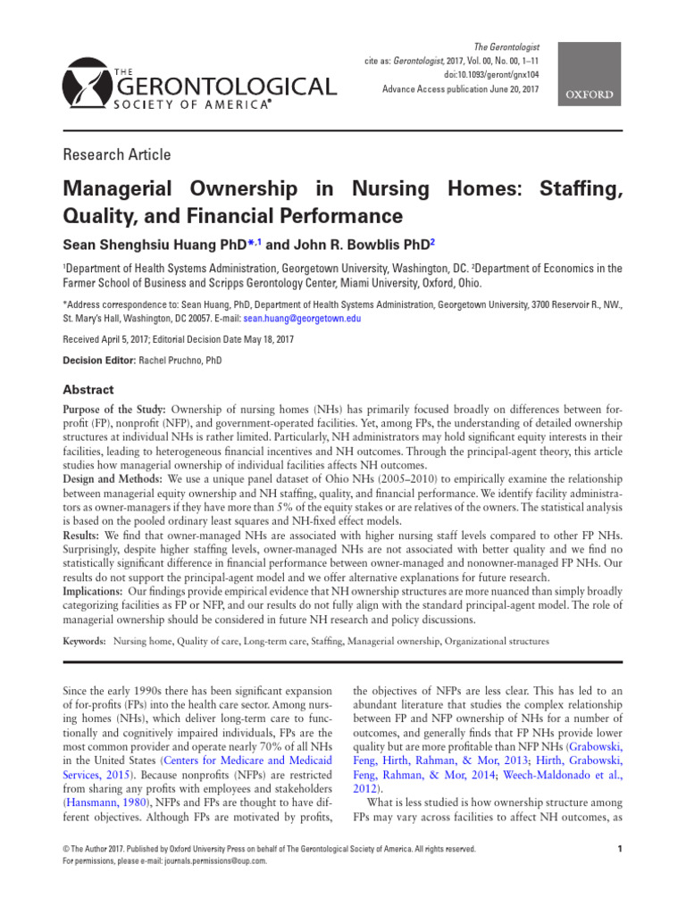 Managerial Ownership in Nursing Homes Staffing Quality and Financial ...