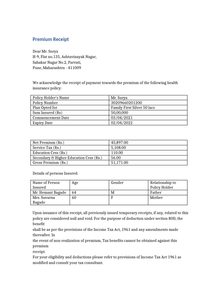 Premium Receipt Surya | PDF