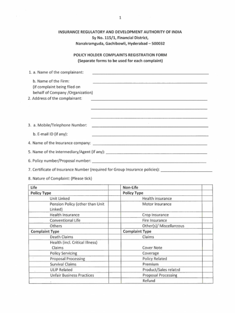 Policyholder Complaints Registration Form29092021 | PDF