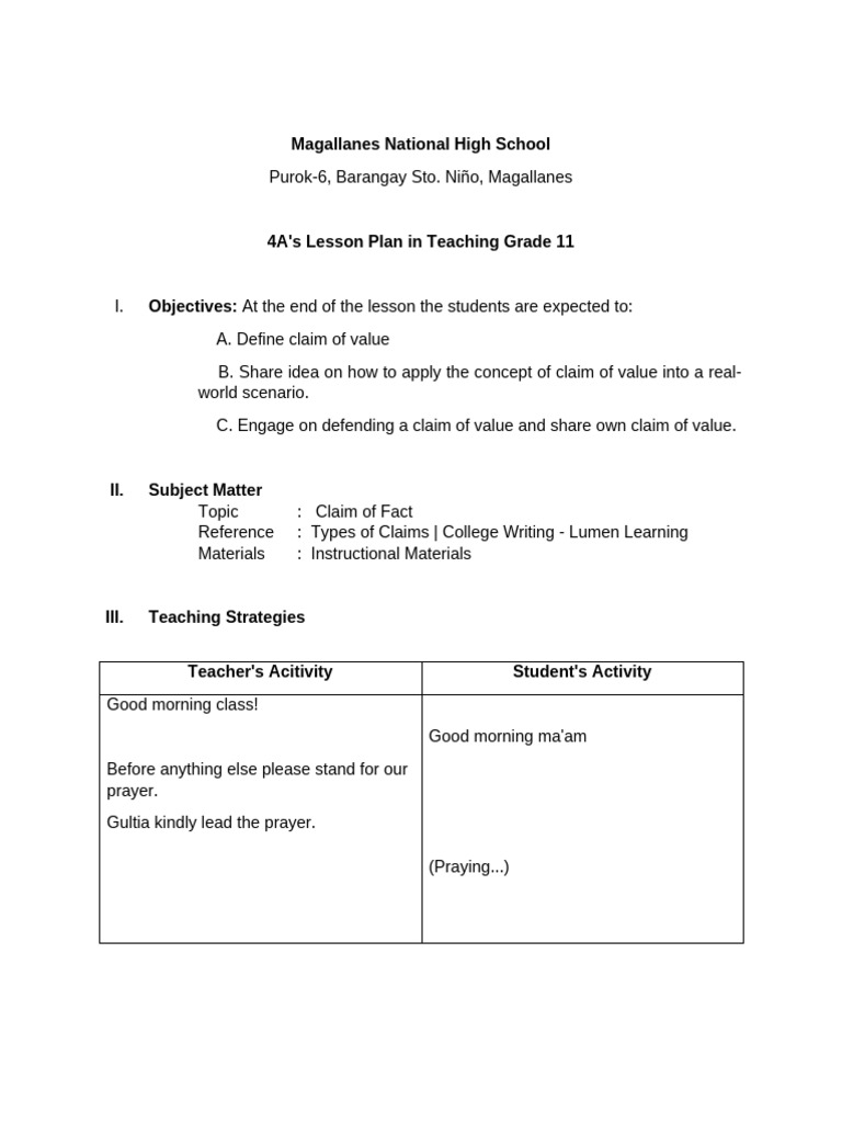 Claim of Value Lesson Plan Final | PDF | Evaluation | Morality
