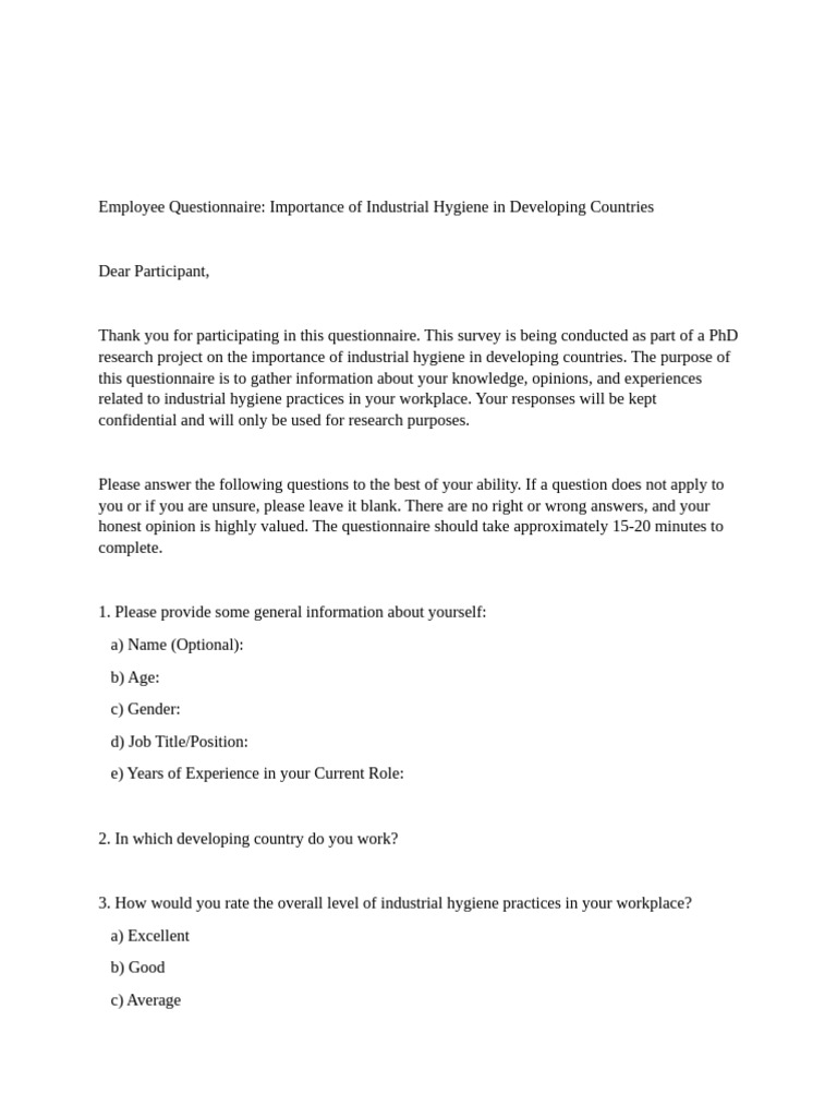 Employee Level Questionnaire 111 | PDF | Occupational Hygiene | Occupational Safety And Health