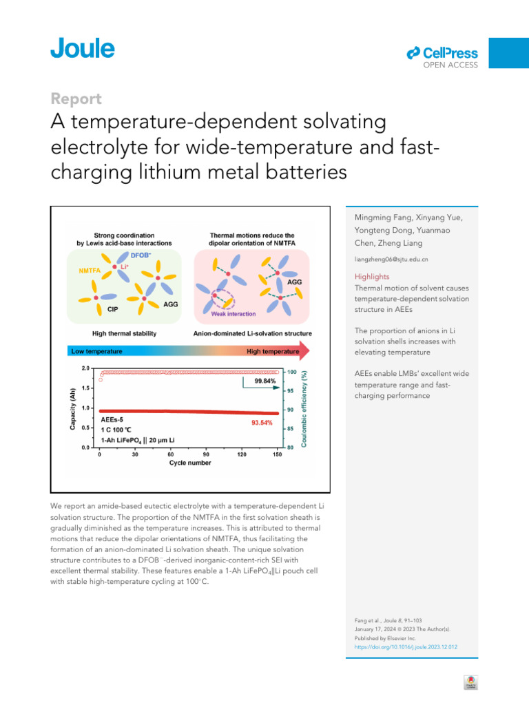 A Temperature Dependent Solvating Electrolyte for | PDF | Lithium Ion ...