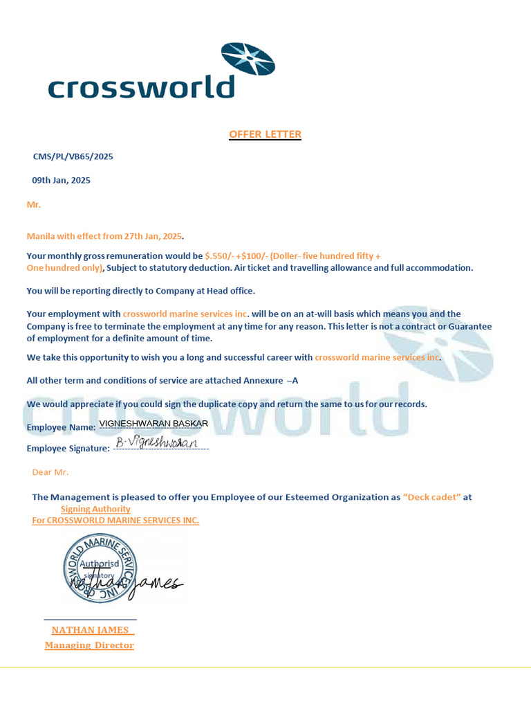 Deck Cadet Employment Offer Letter | PDF | Business | Justice