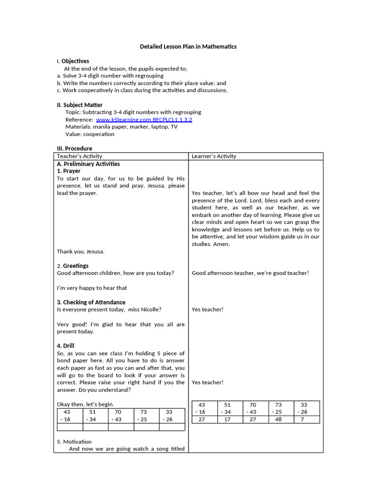 Detailed Lesson Plan in Mathematics | PDF | Cognition | Behavior ...