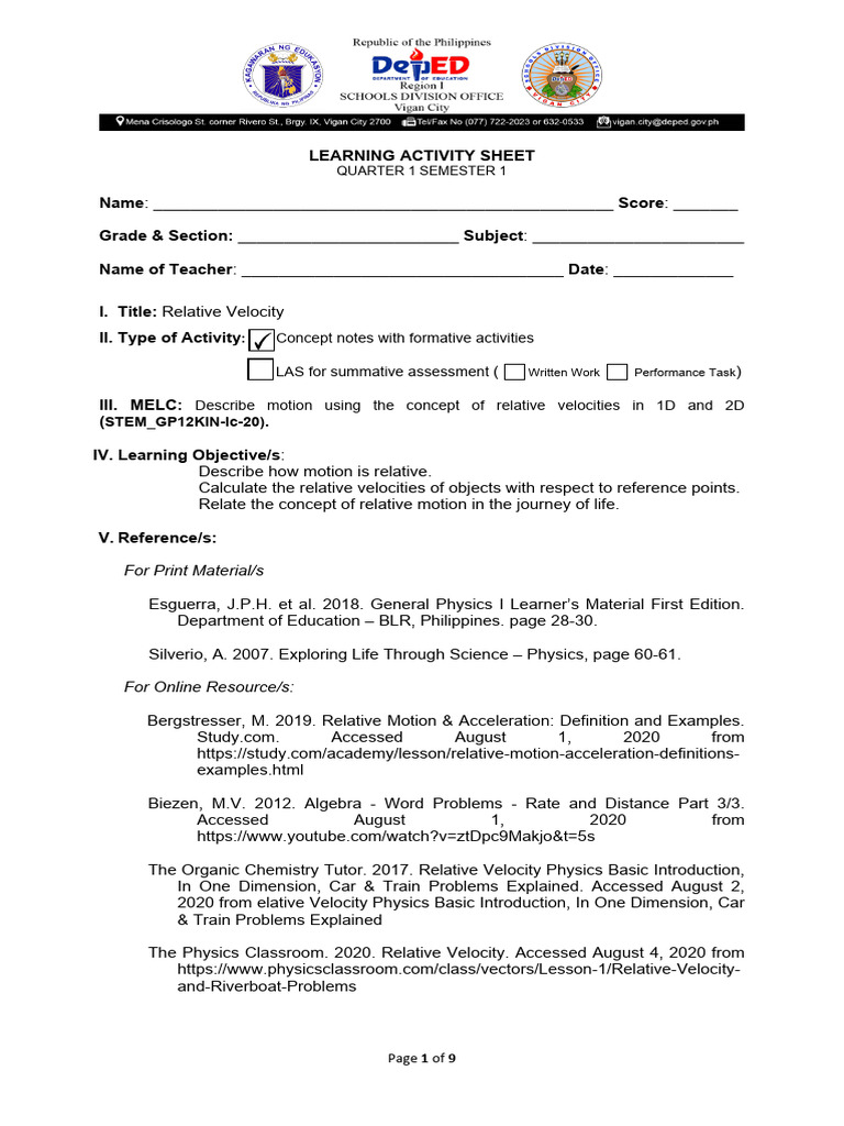 Relative Velocity Learning Sheet | PDF | Speed | Velocity