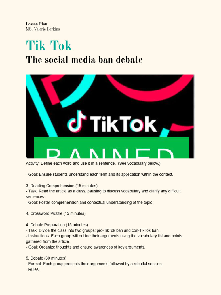 Tik Tok Ban Lesson Plan Esl | PDF | Vocabulary