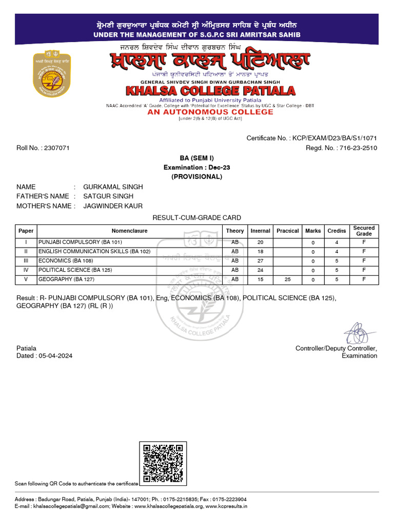 Ba (Sem I) Examination: Dec-23 (Provisional) : Paper Nomenclature Theory Internal Practical ...