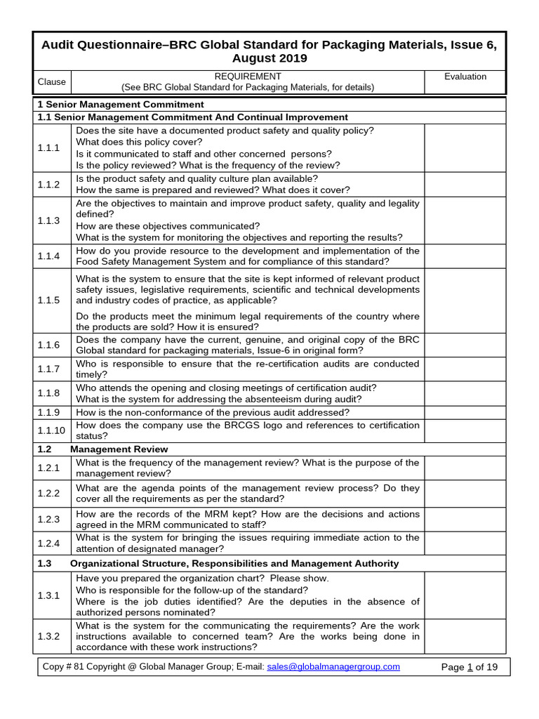 1 - BRC Clause Wise Questionnaire | PDF | Audit | Specification ...