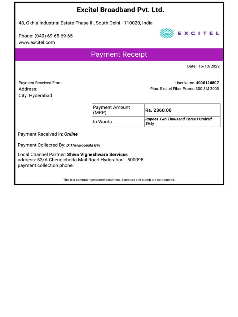 Excitel Broadband Payment Receipt | PDF