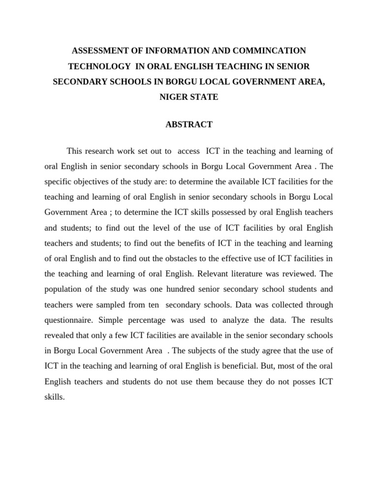 Assessment of Ict in Oral English Teaching in Senior Secondary Schools ...