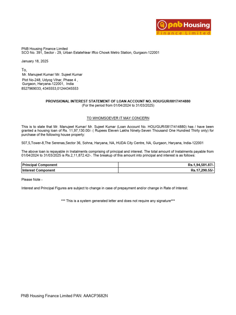 Provisional Loan Interest Statement | PDF