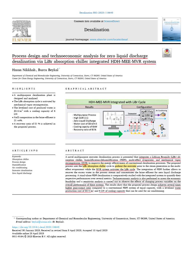 Nikkhah(2023)-Process design and technoeconomic analysis for zero liquid discharge desalination ...