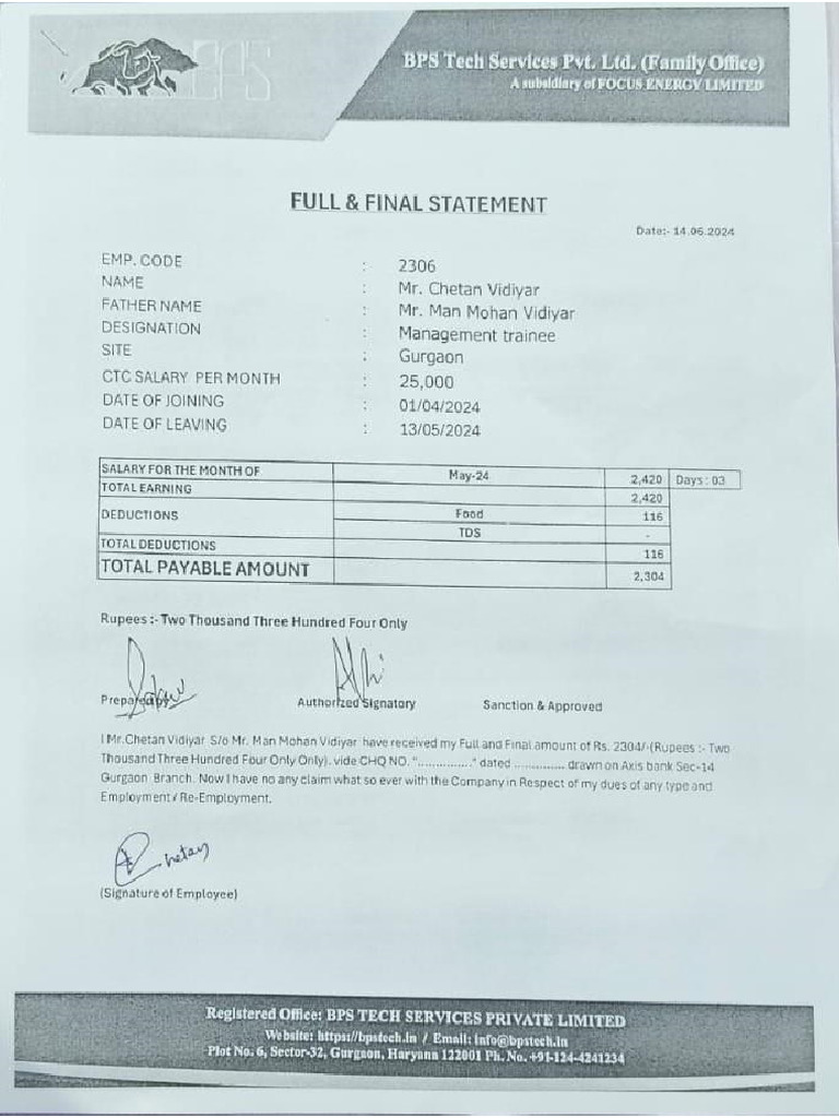 Full and Final Statement | PDF