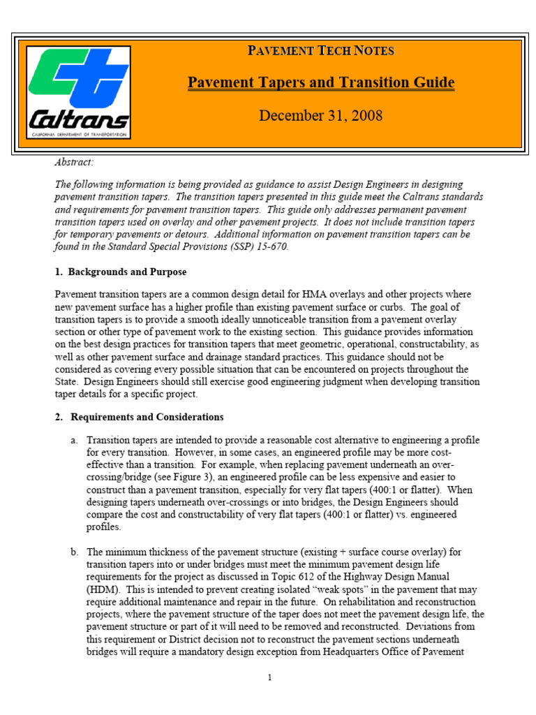 CALTRANS - Pavement Tapers and Transition Guide | PDF | Road Surface | Civil Engineering