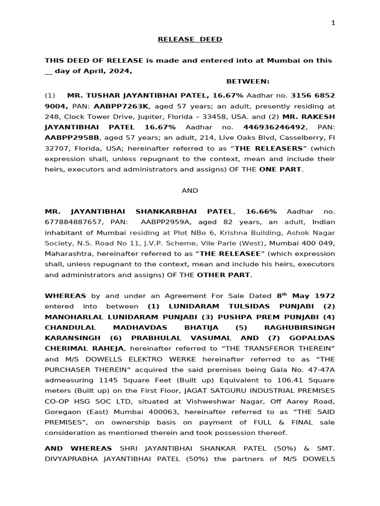 Release Deed Jayantibhai Patel 47,47a | PDF | Mortgage Law | Deed