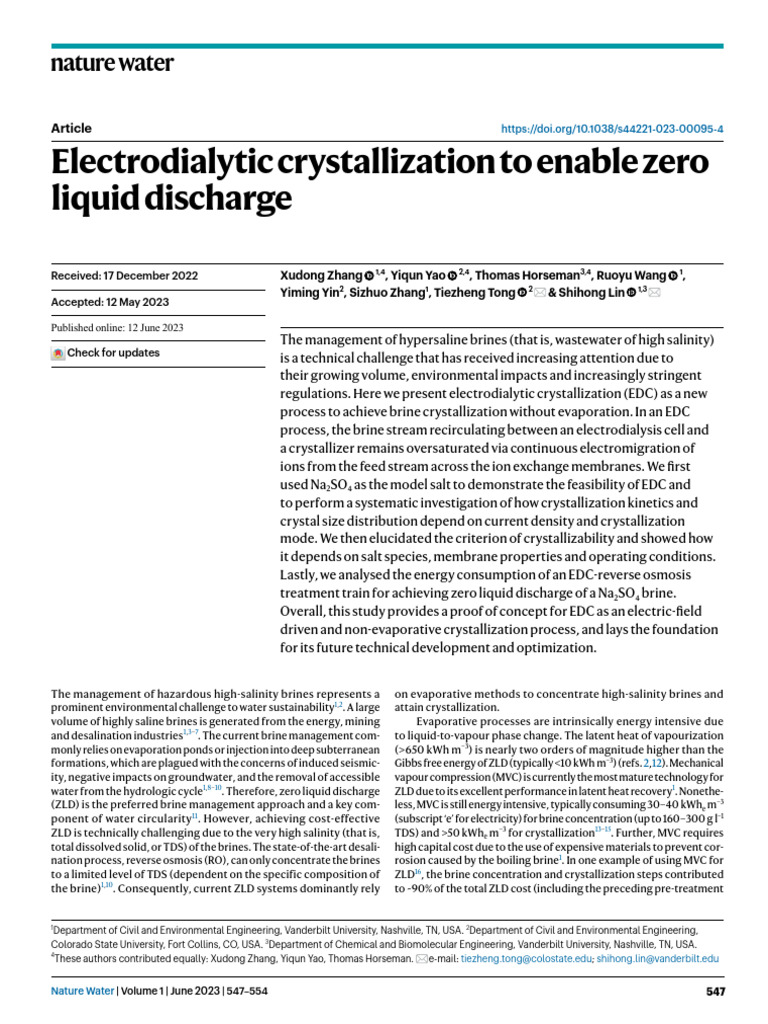 Electrodialytic Crystallization To Enable Zero Liquid Discharge | PDF | Osmosis | Crystallization