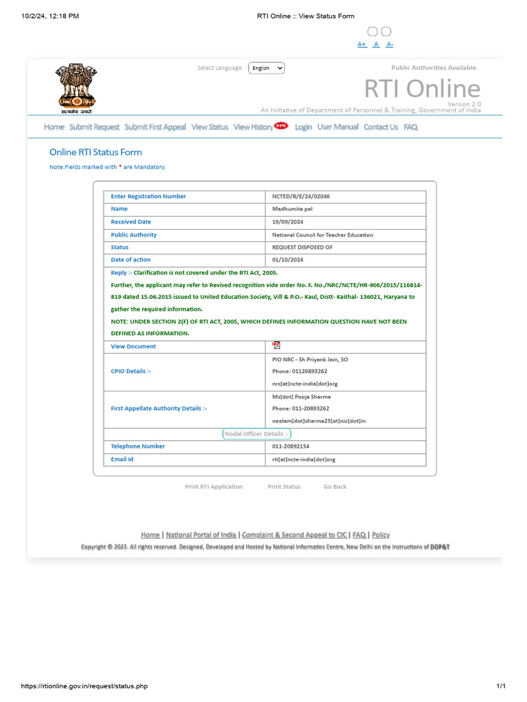 RTI Online - View Status Form | PDF