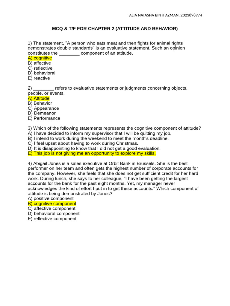 MCQ& TF CHAPTER 2 (QUESTION) | PDF | Attitude (Psychology) | Affect (Psychology)