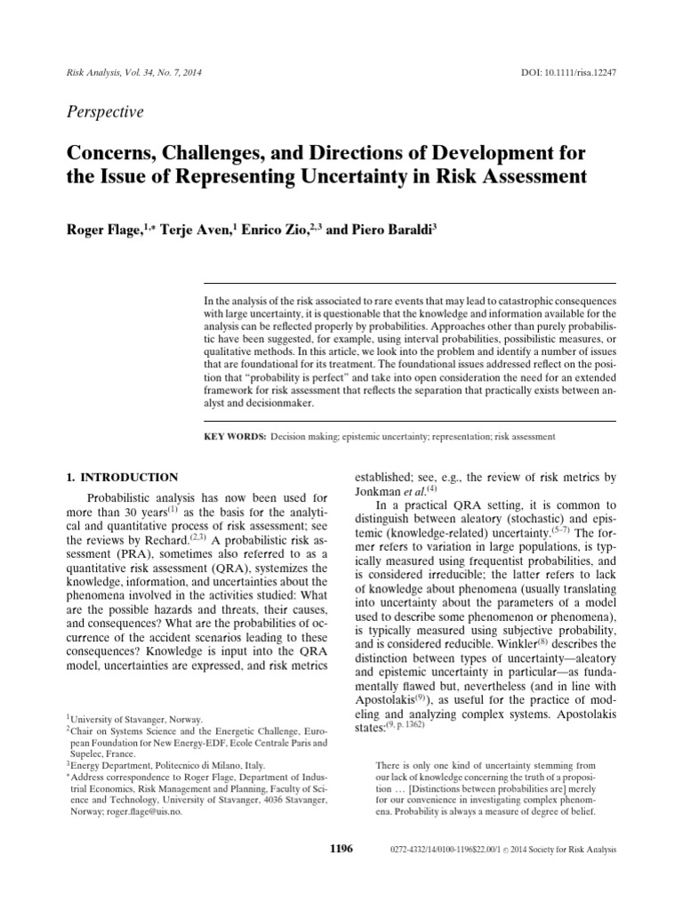 Risk Analysis - 2014 - Flage - Concerns Challenges and Directions of ...