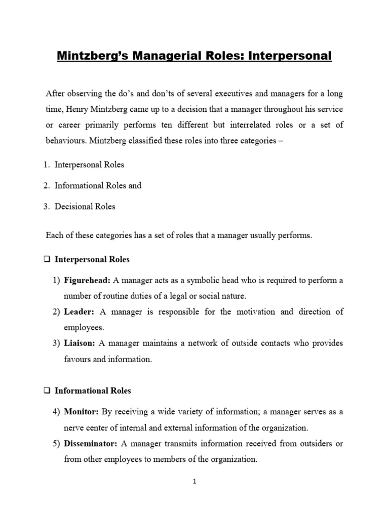 Mintzberg's Interpersonal Managerial Roles | PDF