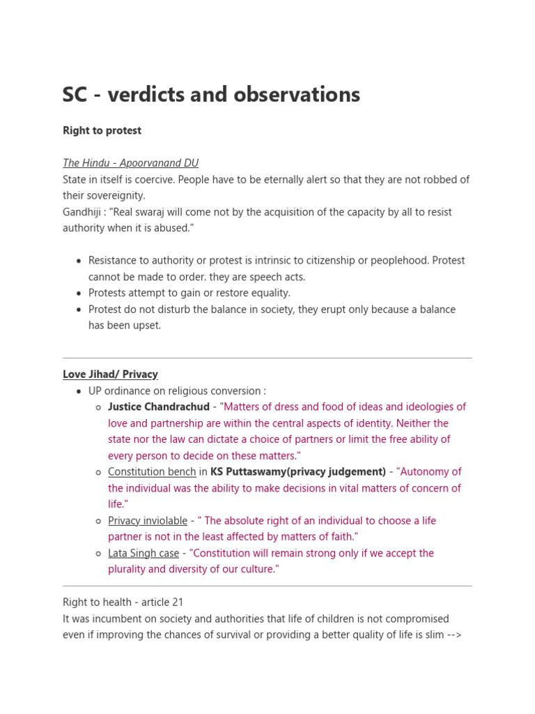 Supreme Court Verdicts on Rights and Protests | PDF | Judgment (Law ...