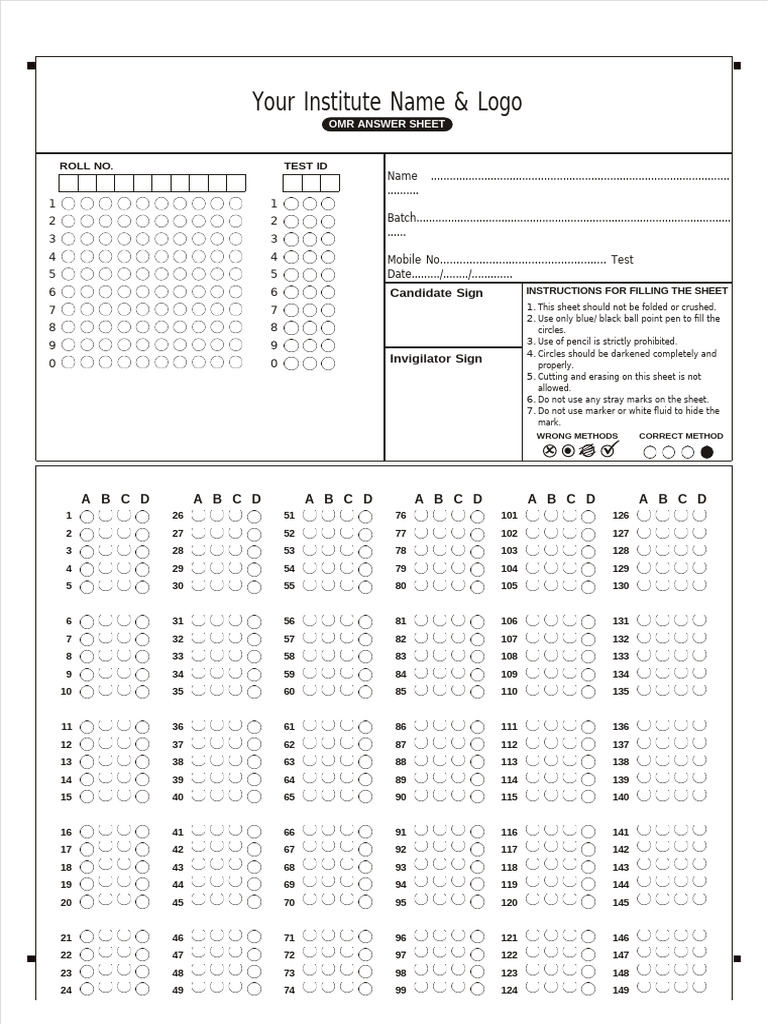 150 Questions OMR Sheet | PDF | Writing Implements | Stationery