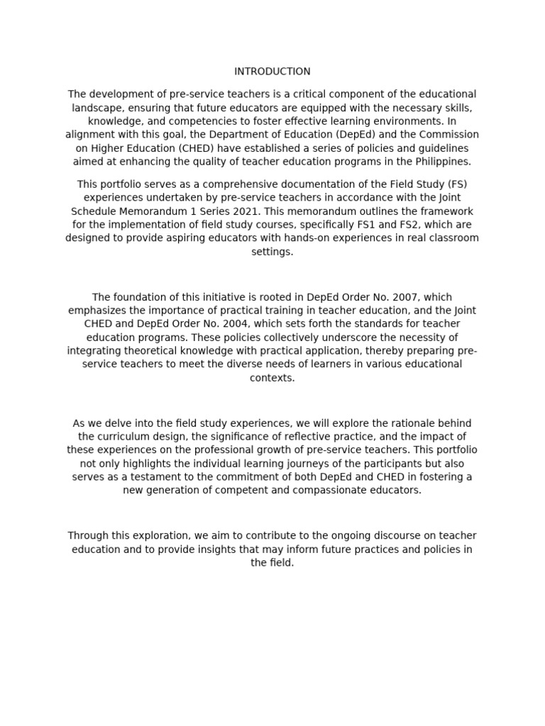 Pre-Service Teacher Field Study Portfolio | PDF | Learning | Teachers